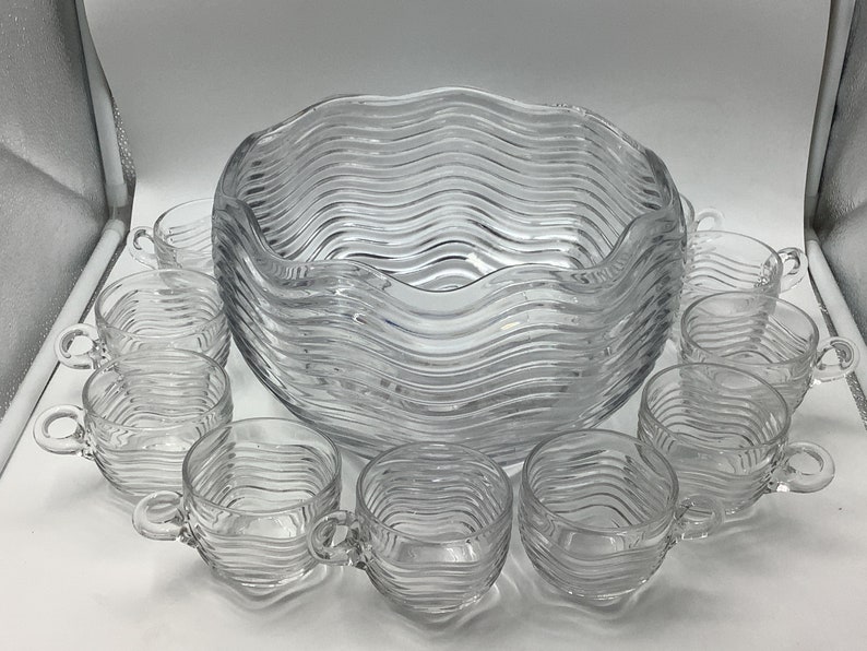 Vintage Duncan Miller Caribbean Pattern Set 11pc Clear Glass Punch Bowl ...