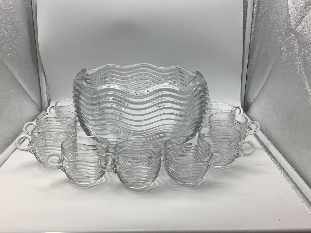 Vintage Duncan Miller Caribbean Pattern Set 11pc Clear Glass Punch Bowl ...