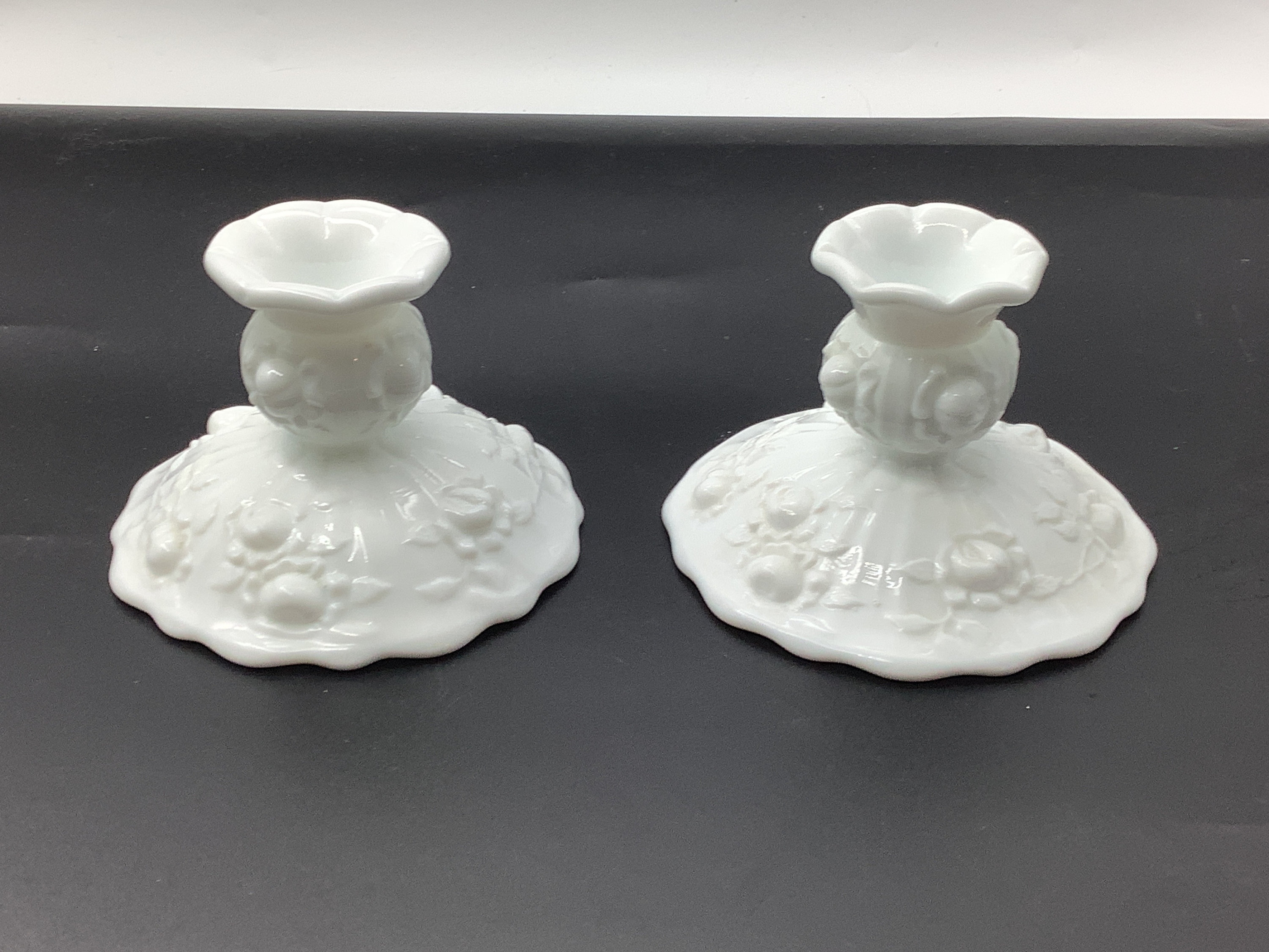 Vintage Fenton USA Glass Co Set 2pc White Milk Glass Cabbage Rose ...