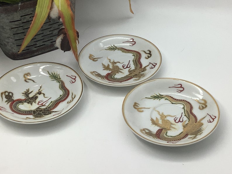Antique Kutani Japan Dragonware Saucers: Hand Painted Gold Moriage Set ...