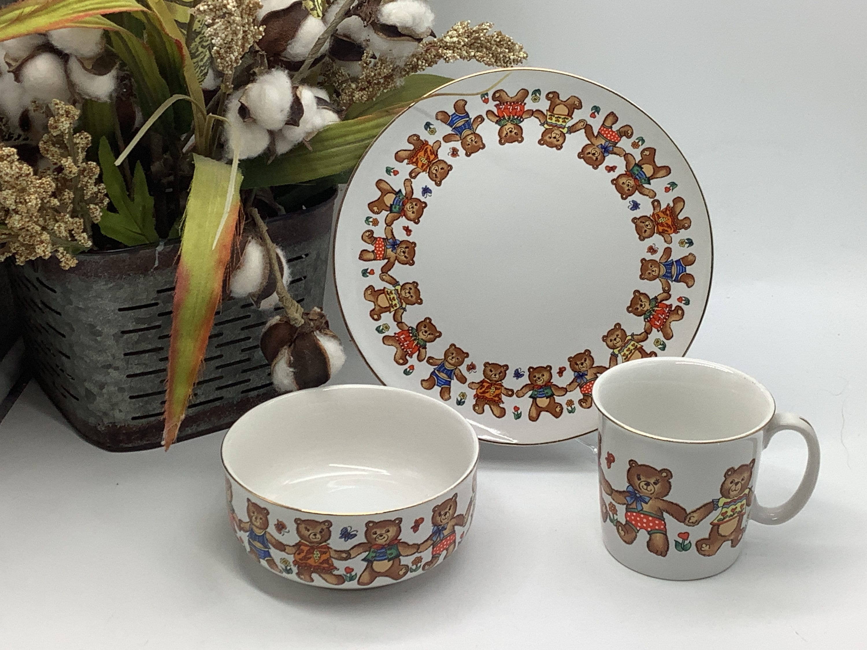 Vintage Child’s Teddy Bear Set 3pc Dinner Set W Teddy Bears Bowl Plate ...