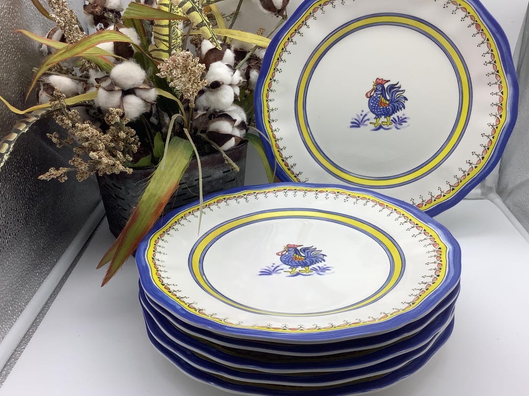 Le Cadeaux Set 6pc Blue Rooster Chicken Country Dinner Plates Melamine ...