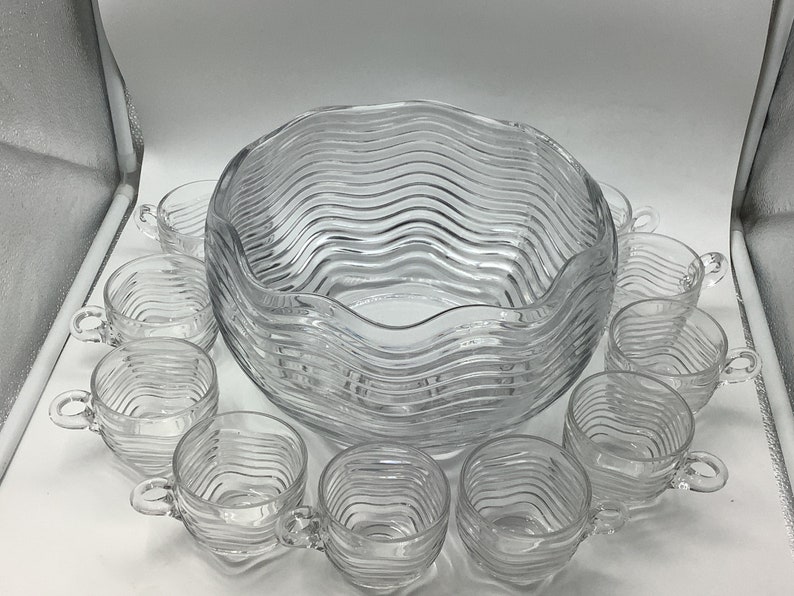 Vintage Duncan Miller Caribbean Pattern Set 11pc Clear Glass Punch Bowl ...