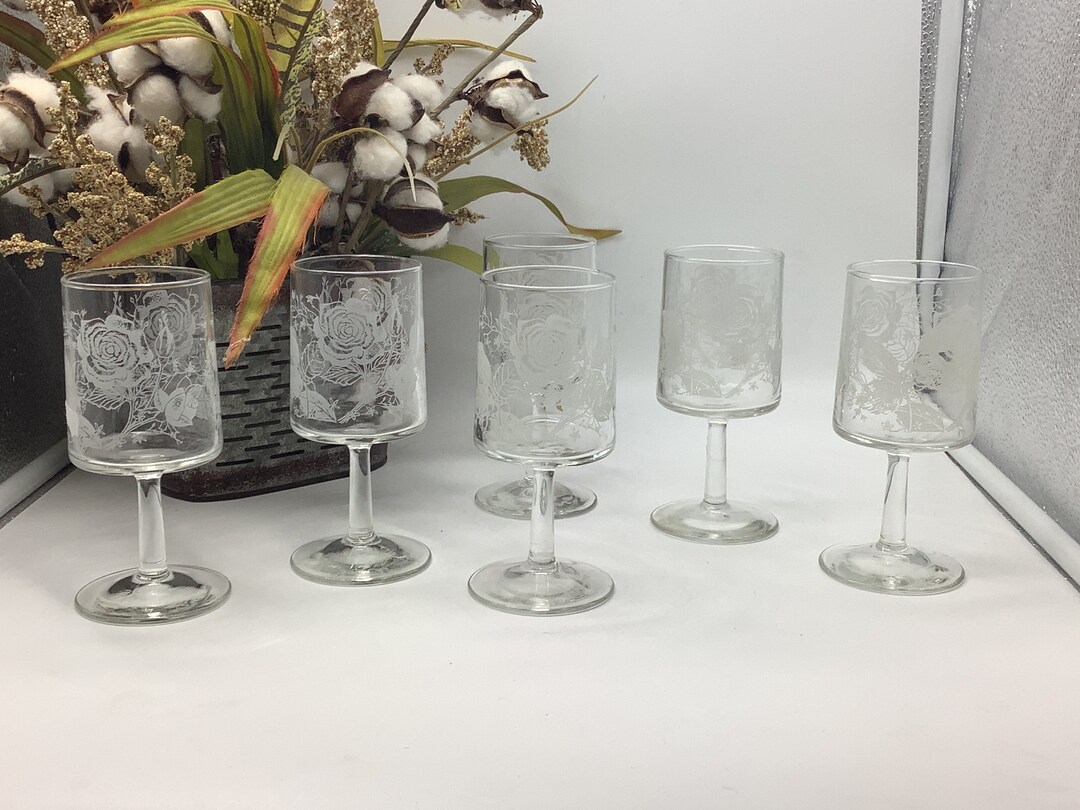 Vintage Floral Etched Stemmed Glasses - Rose Design Set of 6 - Etsy
