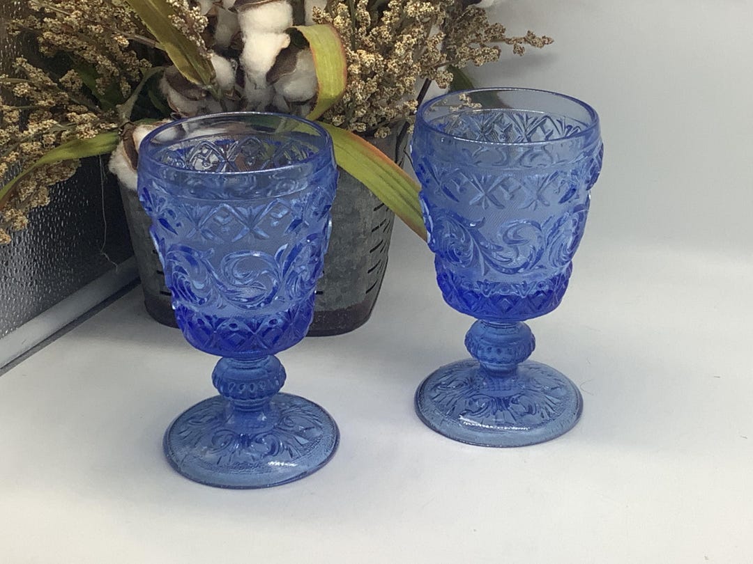 Ivima Portugal Blue Glass Goblet Set: Handmade Scroll Design - Etsy