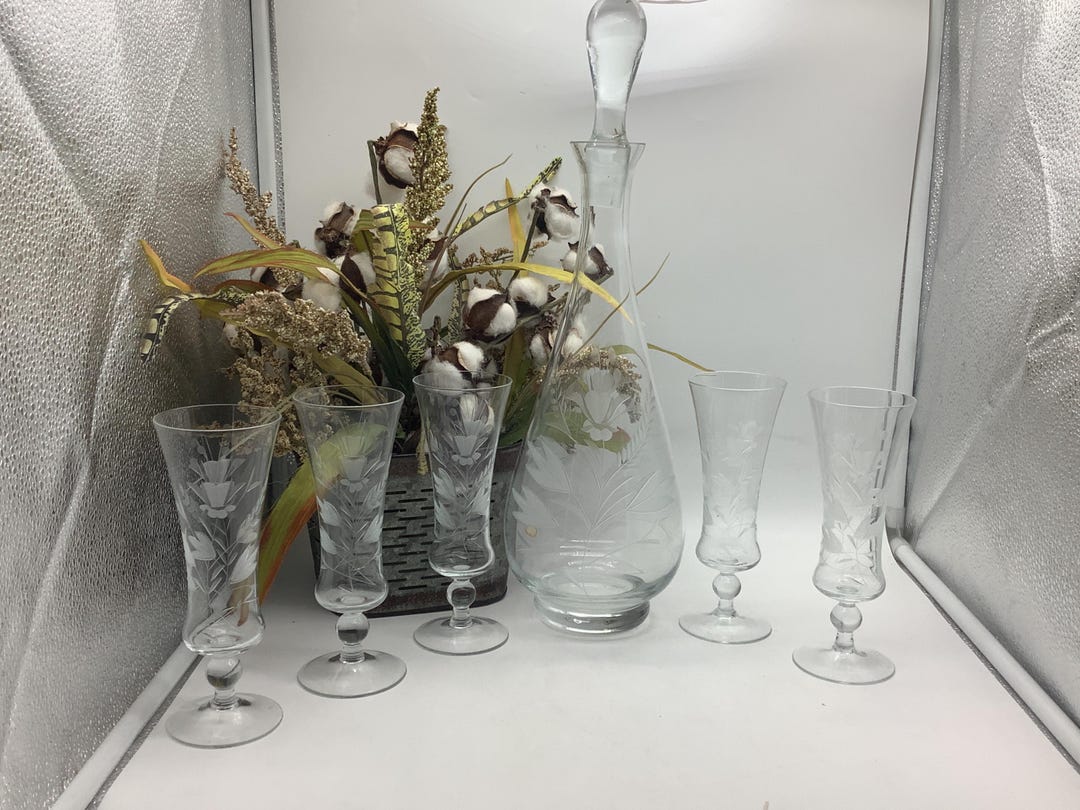 Etched Crystal Decanter Set: Romania Glass Cordial Wine Glasses, 6pc - Etsy