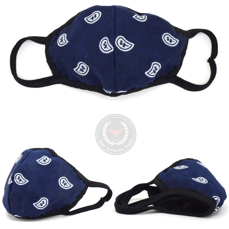 Fashion Bandana Face Mask Paisley Tear Drop Washable Reusable Navy Gold ...