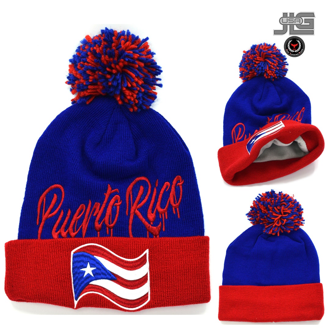 Puerto Rico NEW Blue Red Flag Embroidered PR Pom Skull Winter Cap Hat ...