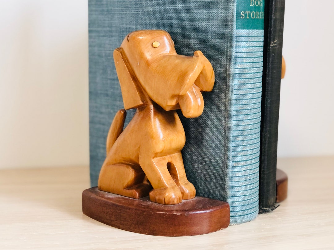 Vintage Carved Wooden Dog Bookends - Etsy