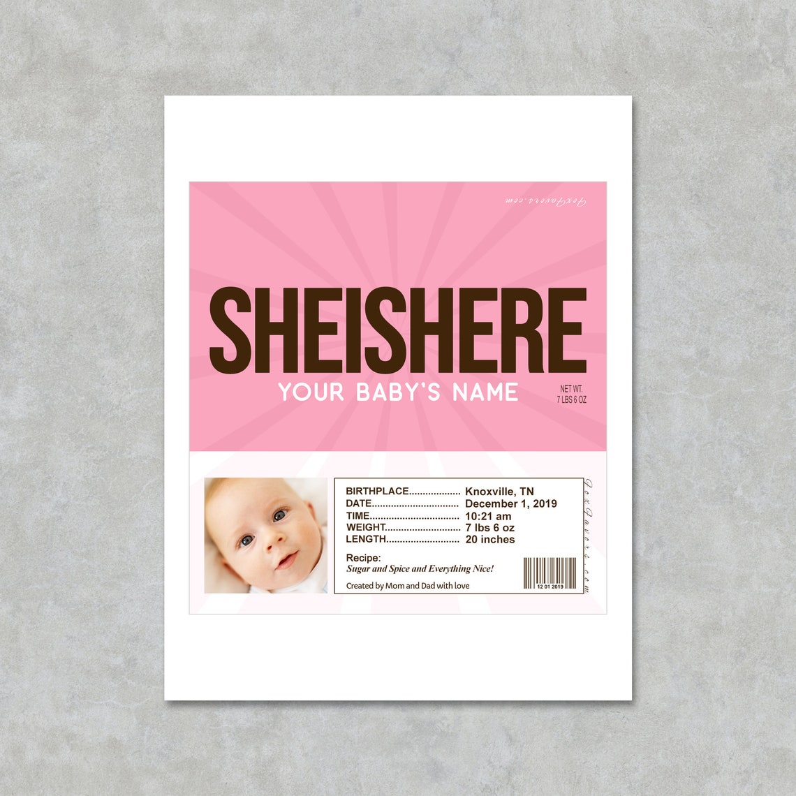BABY BIRTH ANNOUNCEMENT Personalized Custom Printed Chocolate Candy Bar ...
