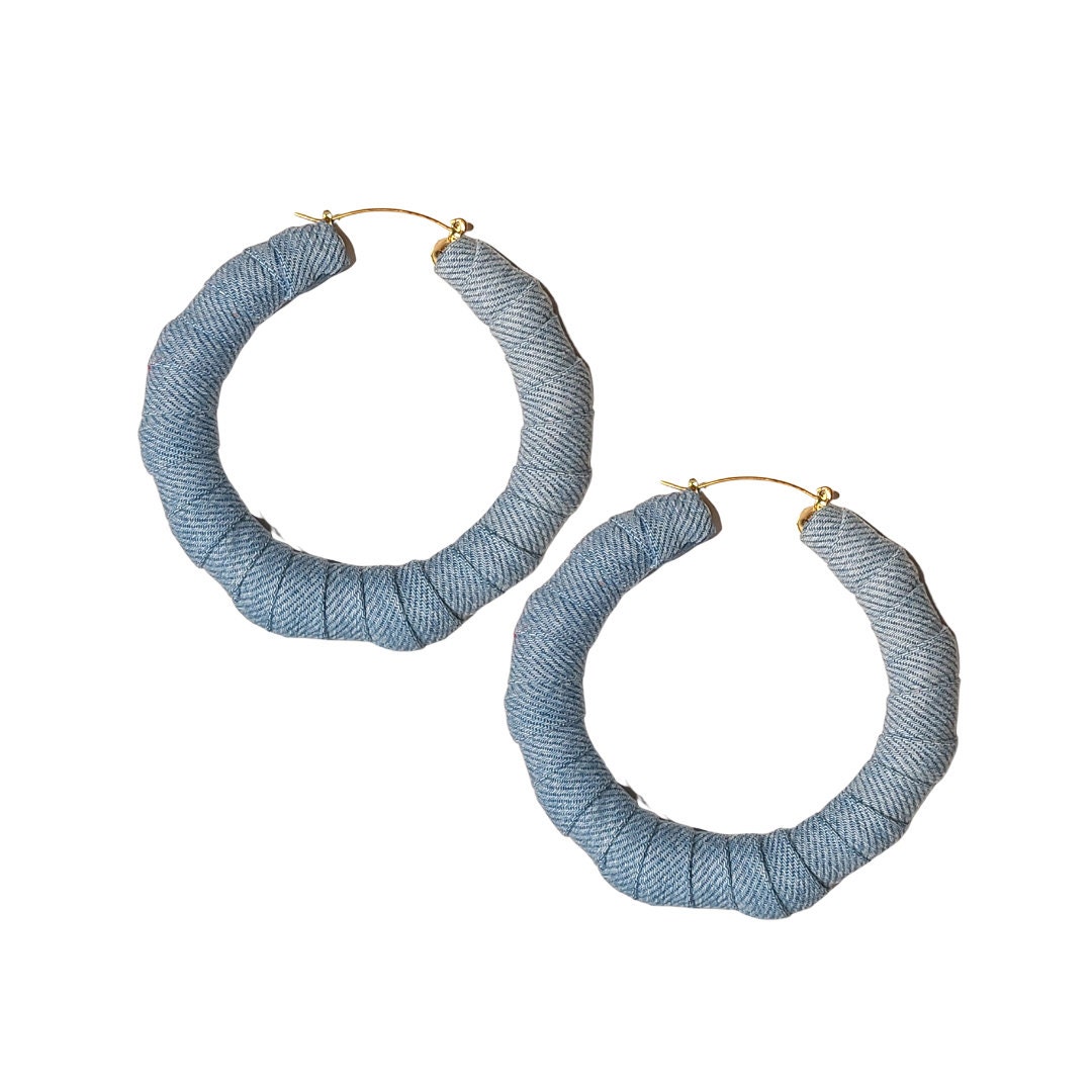Light Denim Hoop Earrings Denim Bamboo Style Earrings - Etsy