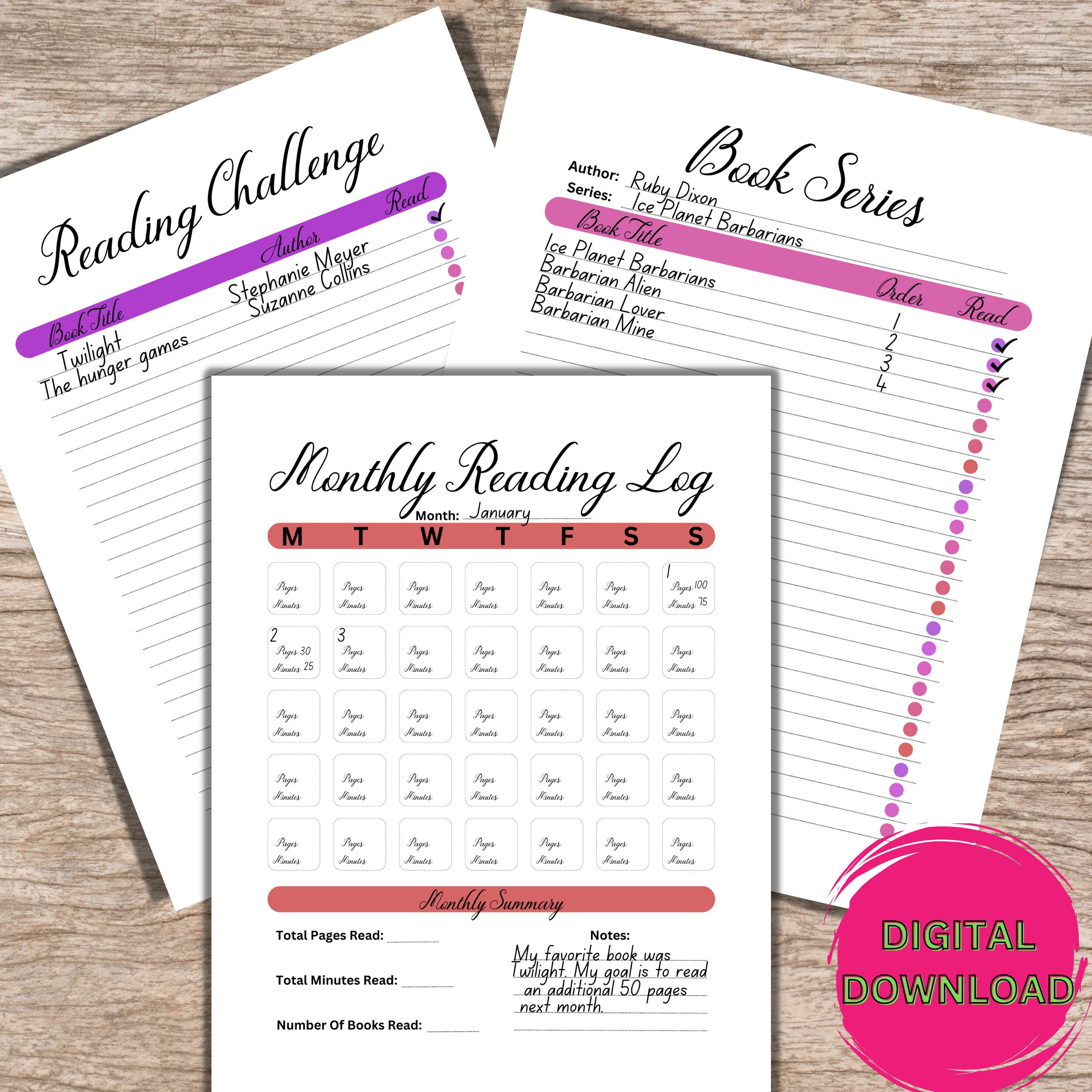 Printable Reading Log, Reading Challenge Logs, Book Lover Reading ...