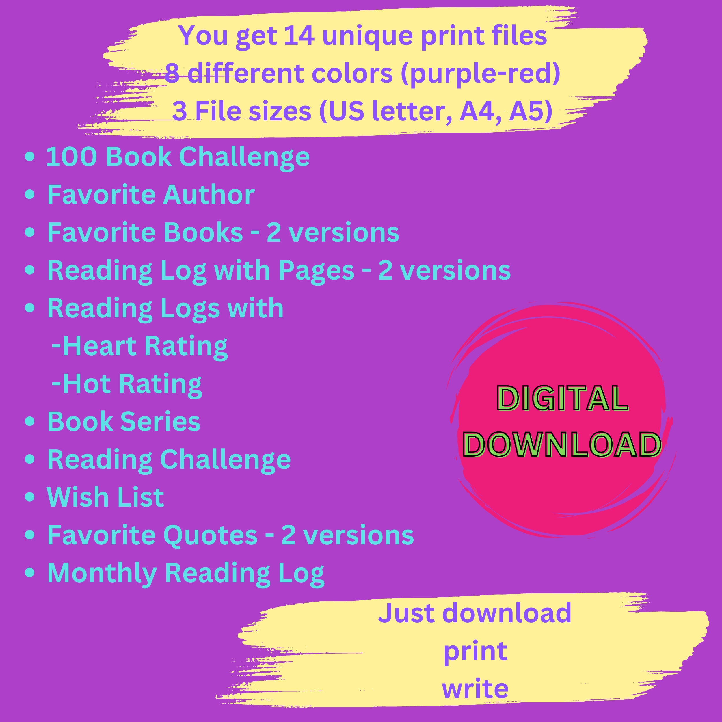 Printable Reading Log, Reading Challenge Logs, Book Lover Reading ...