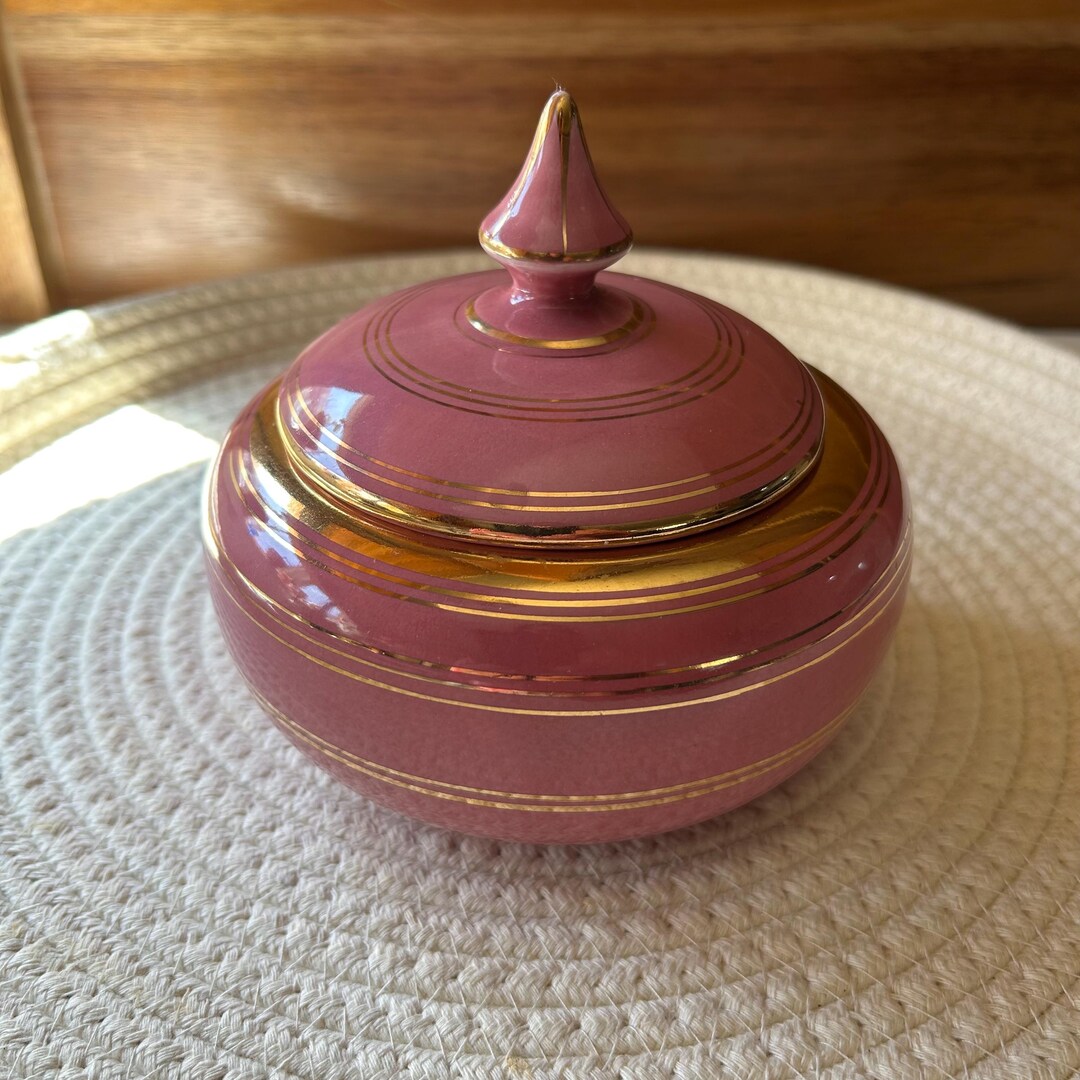Vintage Pink and Gold Lidded Powder Jar, Weller Pottery Pink and Gold ...