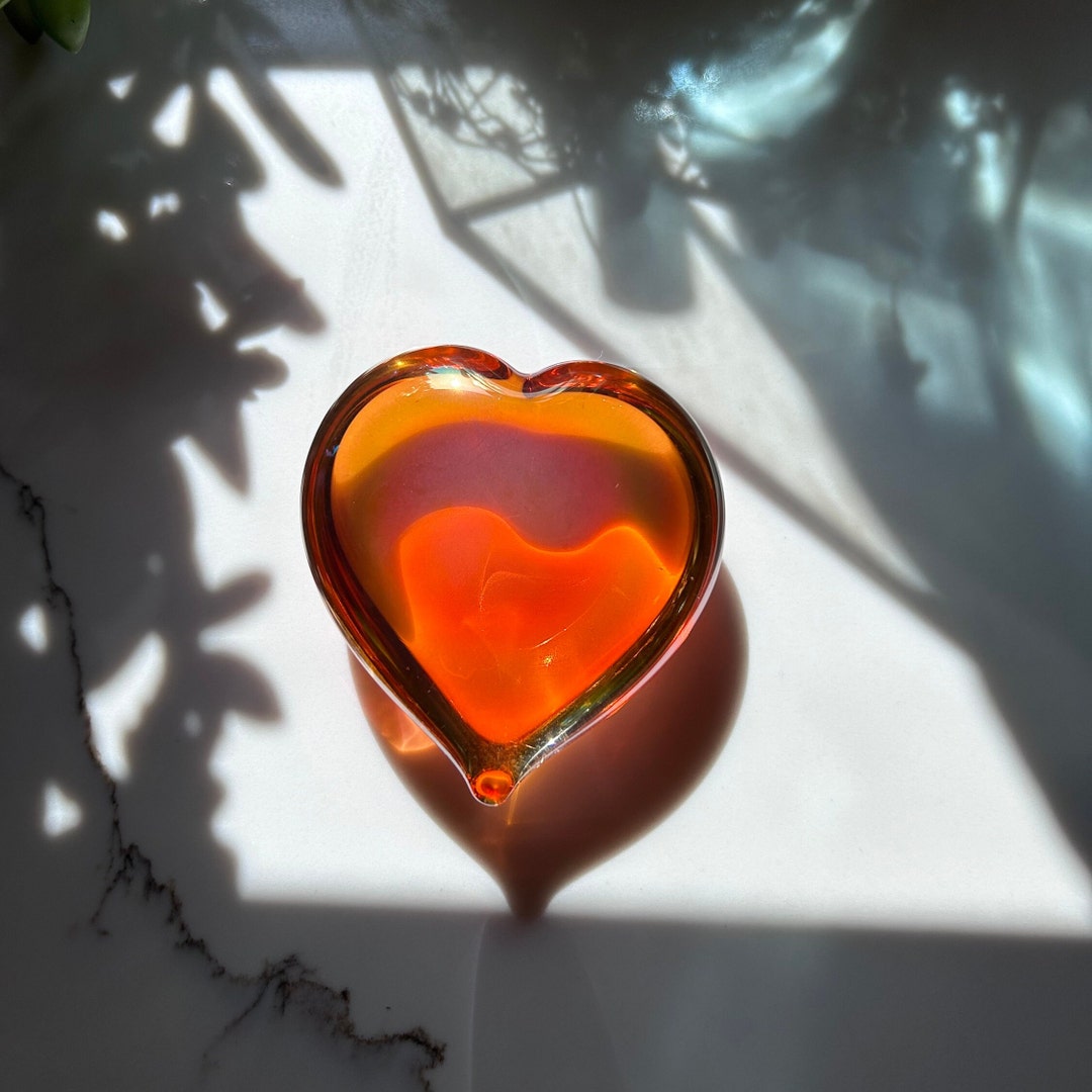 Heart Shaped Glass Paperweight Amber Paperweight Signed Randy Strong ...