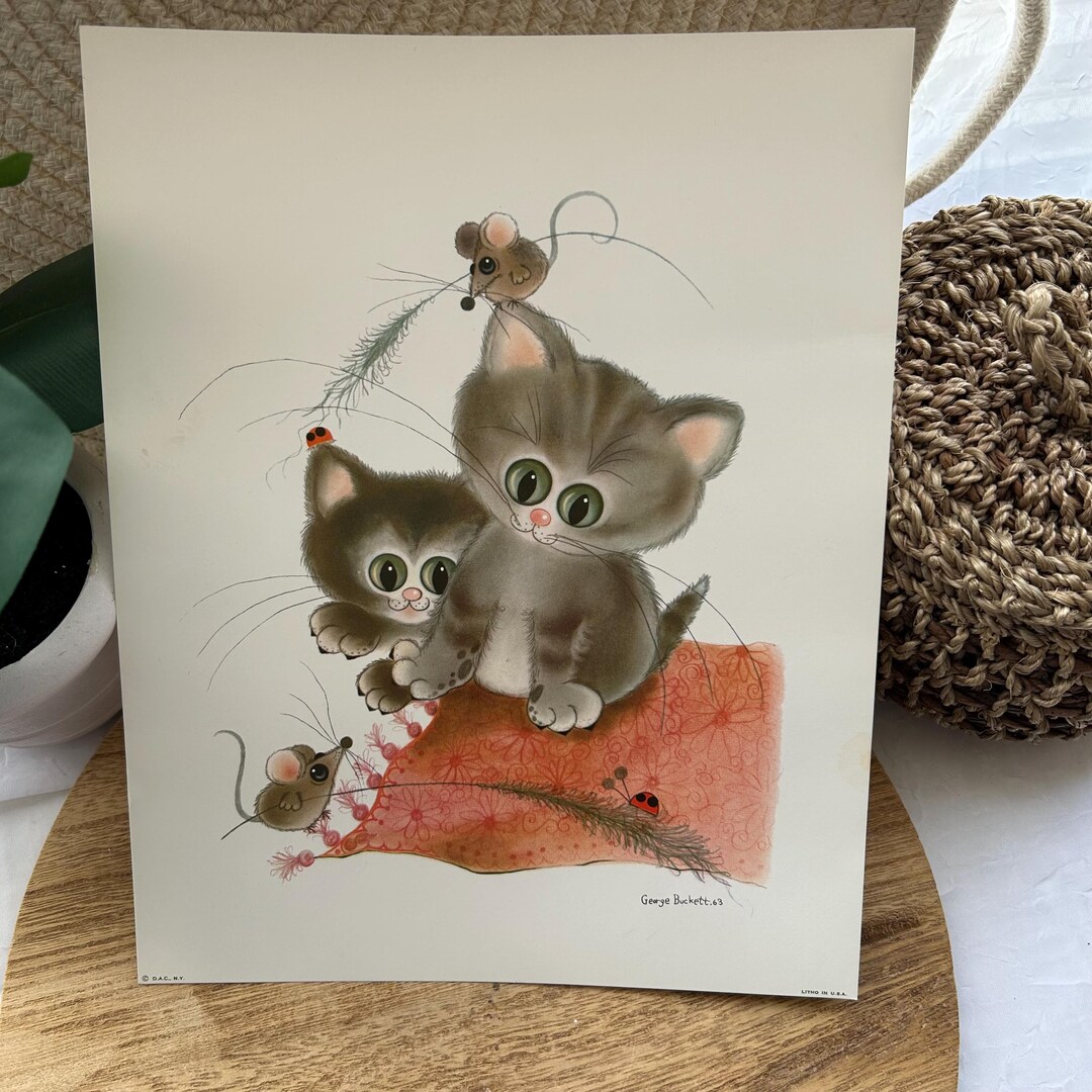 Vintage George Buckett Kitten Lithograph: 1963 Big Eye Kittens & Mouse ...