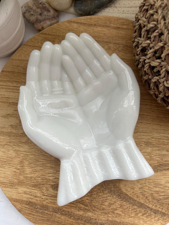 Vintage Imperial Glass Milk Glass Open Hands Ring Dish - Gem