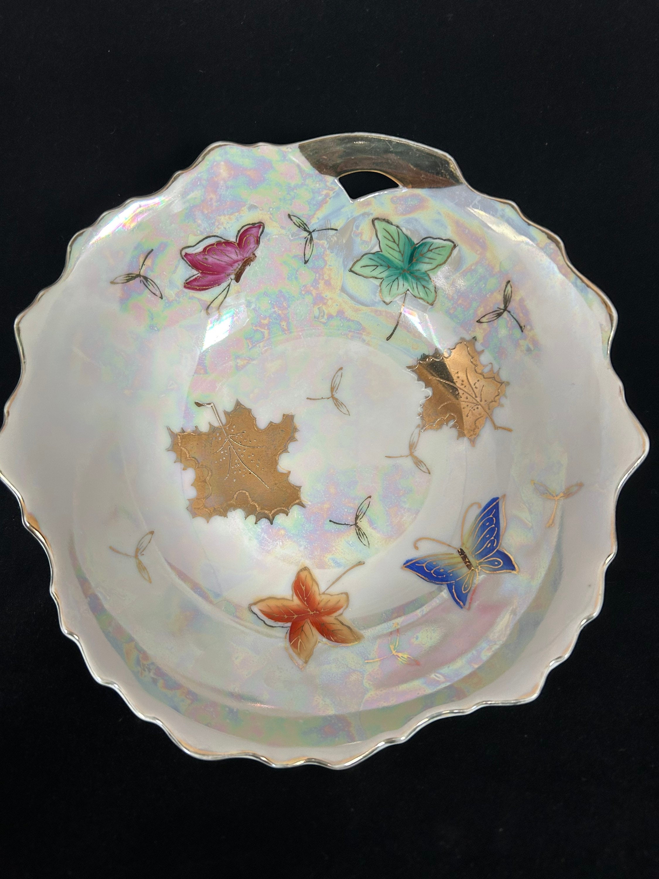 Vintage Lusterware Bowl With Gold Leaves, Flowers and Butterflies ...