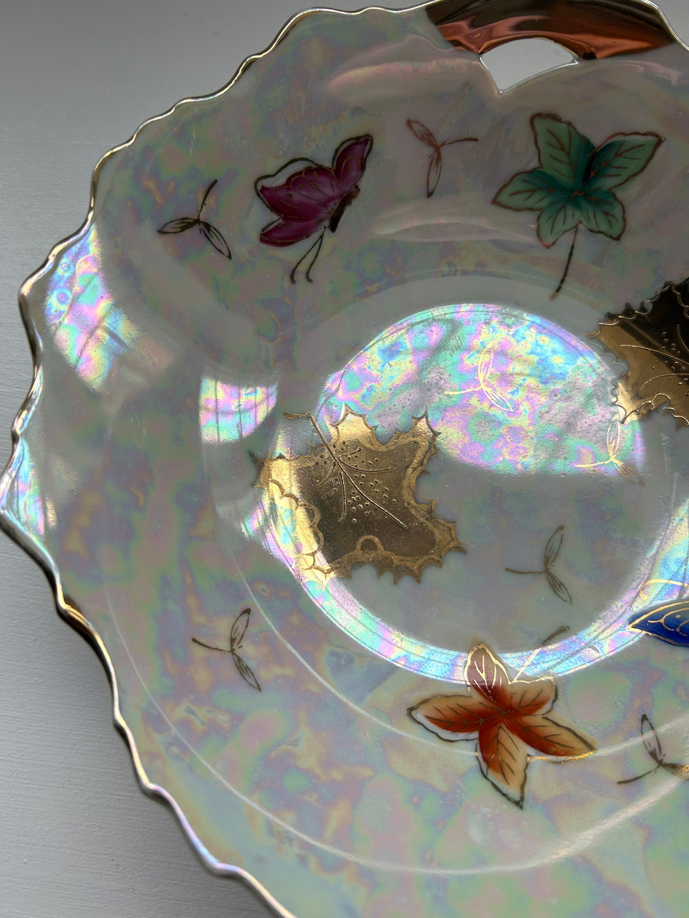 Vintage Lusterware Bowl With Gold Leaves, Flowers and Butterflies ...