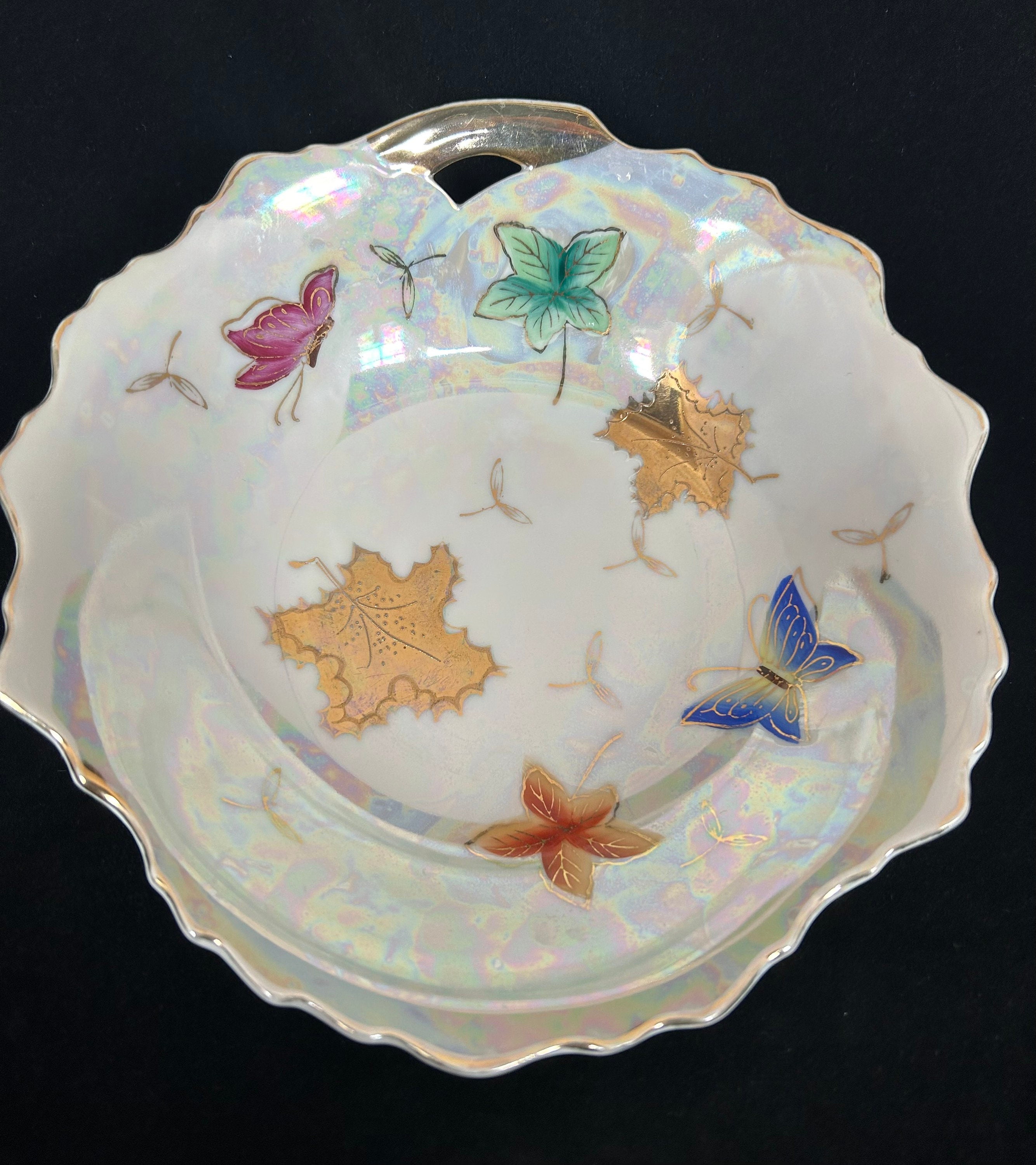 Vintage Lusterware Bowl With Gold Leaves, Flowers and Butterflies ...