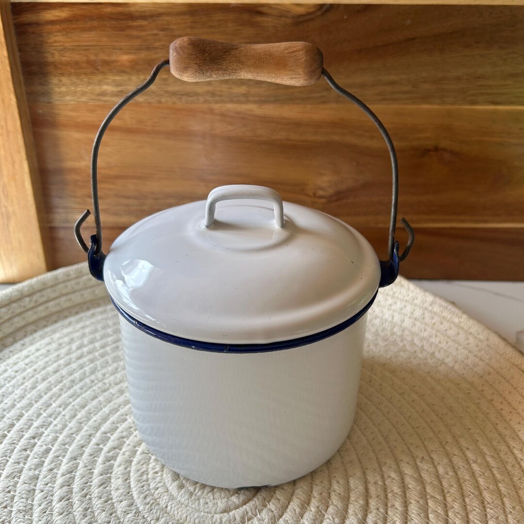 Antique White and Blue Enameled Porcelain Berry Bucket Berry Pail ...
