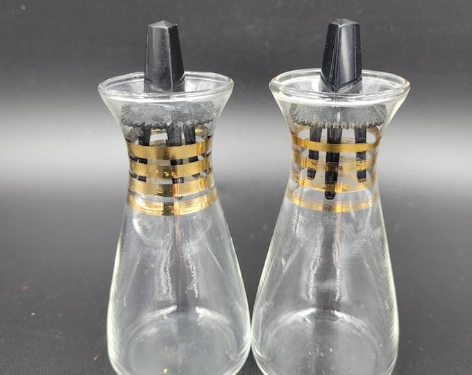 Vintage Mid Century Modern Pyrex Atomic Gold Bands Black Tops Salt and ...