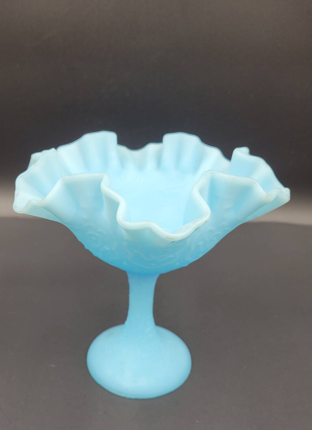Vintage Fenton Blue Satin Custard Glass Persian Medallion Ruffled Edge ...