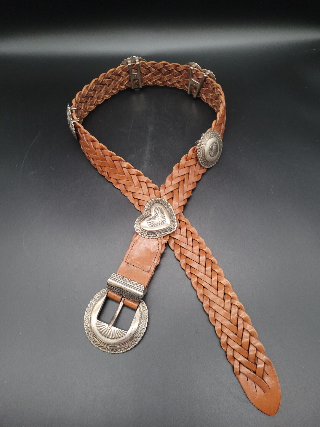 Vintage Brighton 1990s Brown Leather Weaved Southwestern Cowgirl Belt L With Silver Toned ...