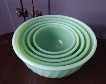 Jadeite Fire King Swirl Mixing Bowl Set - Vintage Jadeite Swirl Mixing Bowls - Green Milk Glass ...