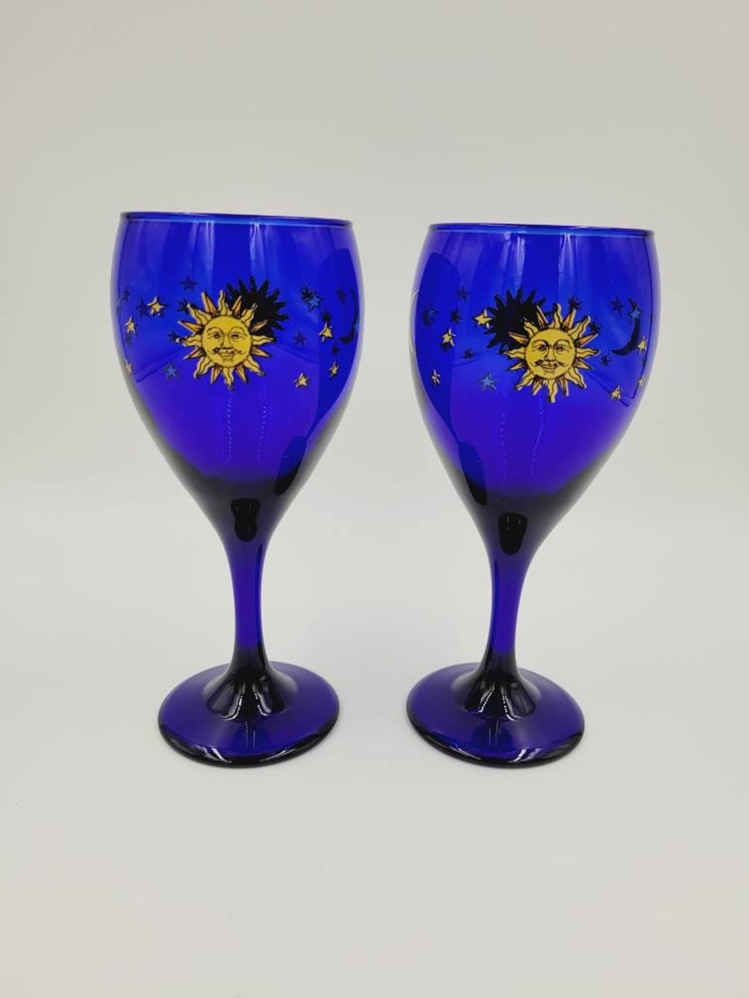 2 Vintage Libbey CELESTIAL Cobalt Blue Stemmed Goblet Wine Glasses Sun ...