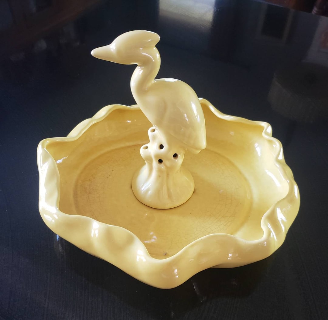 Vintage Yellow Pottery Crane Bird Flower Frog With Pond Bowl Home Decor ...