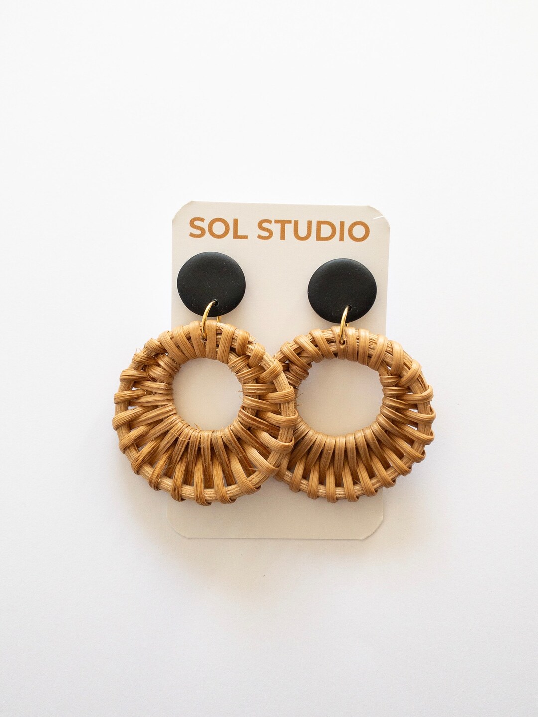 SOL RATTAN XL // Black Earring With Rattan Round Piece - Etsy