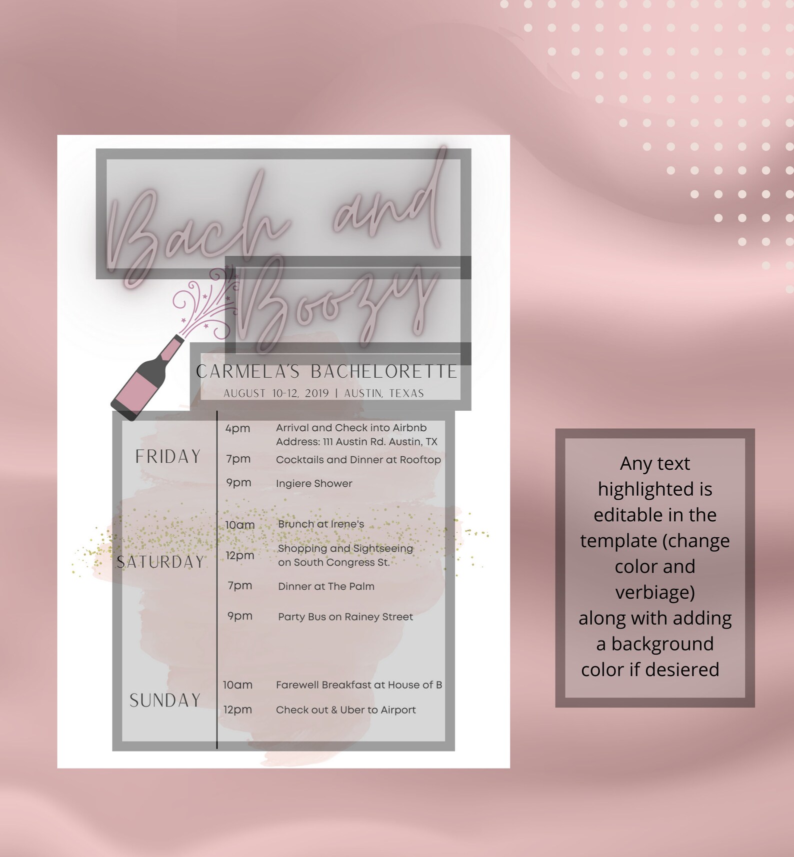 Editable Bachelorette Weekend Card Itinerary Agenda | Printable ...