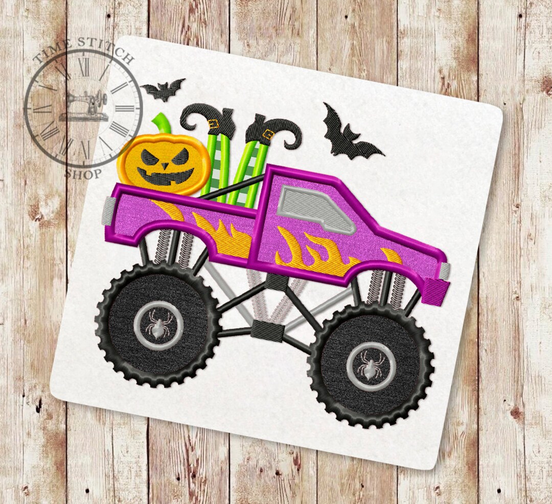 Halloween Monster Truck Applique Embroidery Design, Retro Truck, Race ...