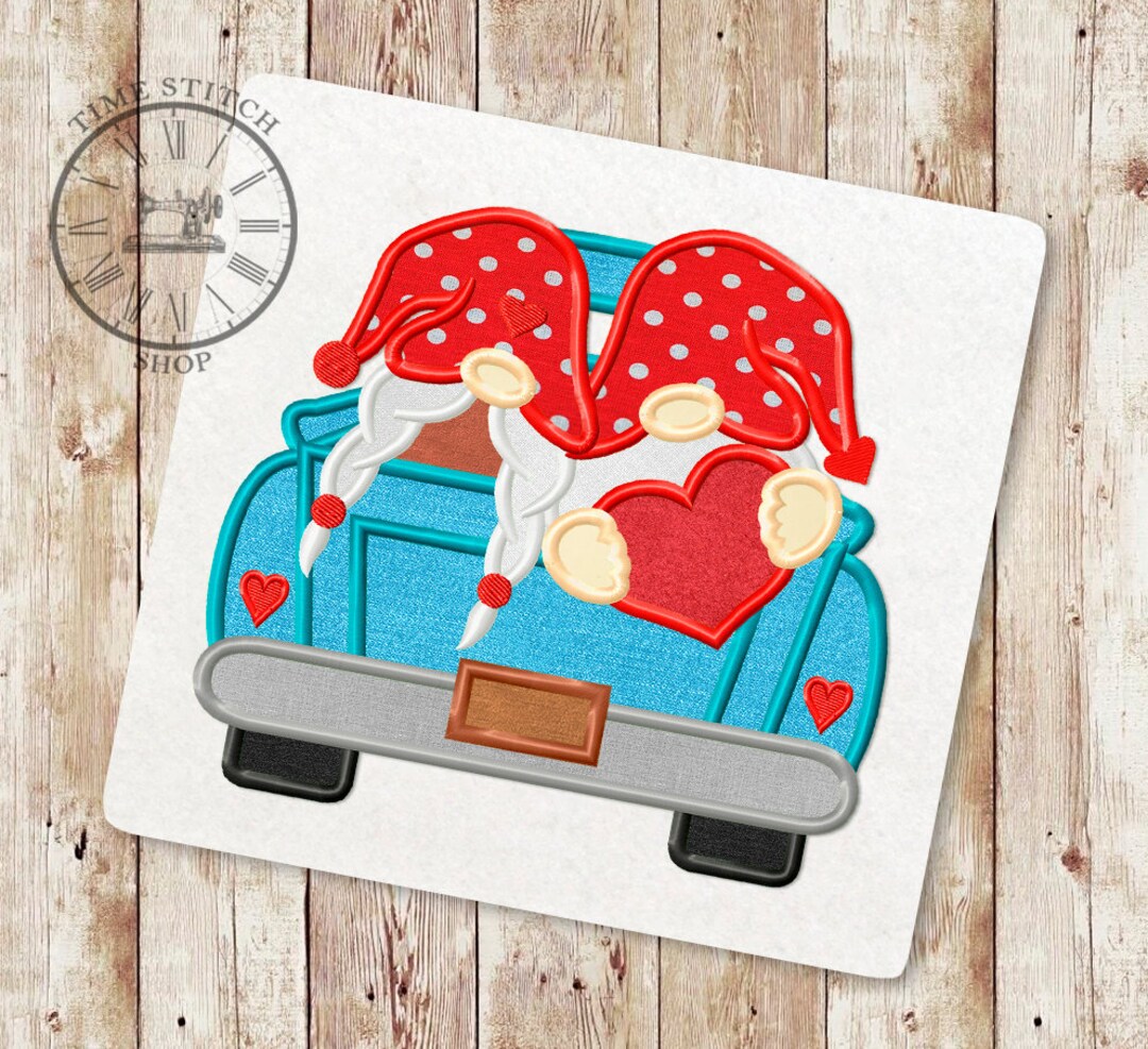Gnome Valentines Truck Applique Embroidery Design, Retro Truck, Gnome ...