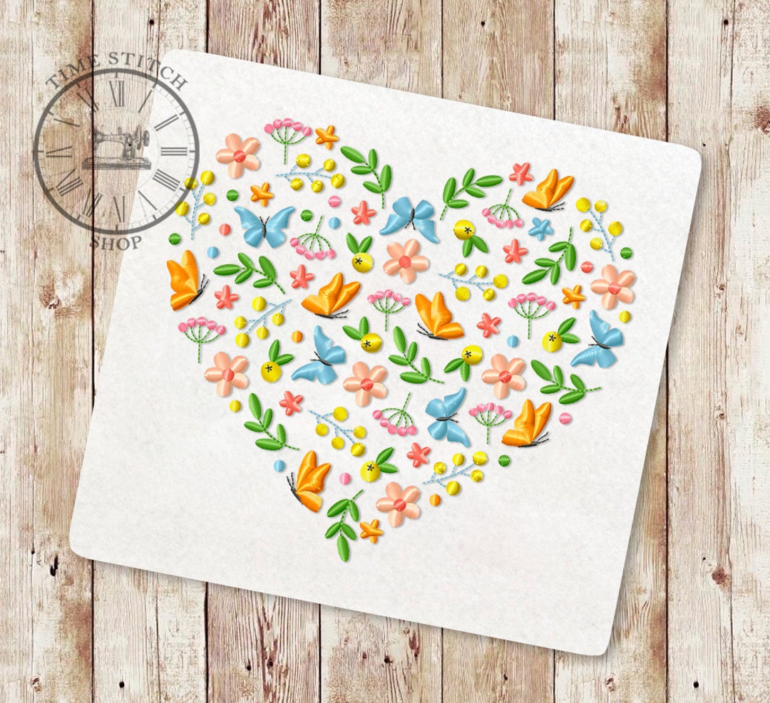Floral Heart Embroidery Design, Heart of Flowers and Butterflies ...