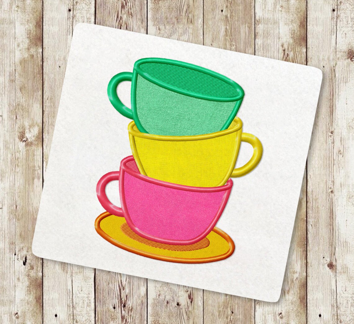Tea Cups Applique Embroidery Designs, Stack of Cups Applique Embroidery ...