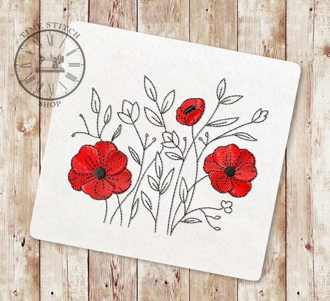 Red Poppy Flower Embroidery Design Wildflowers for Pocket T-shirt ...