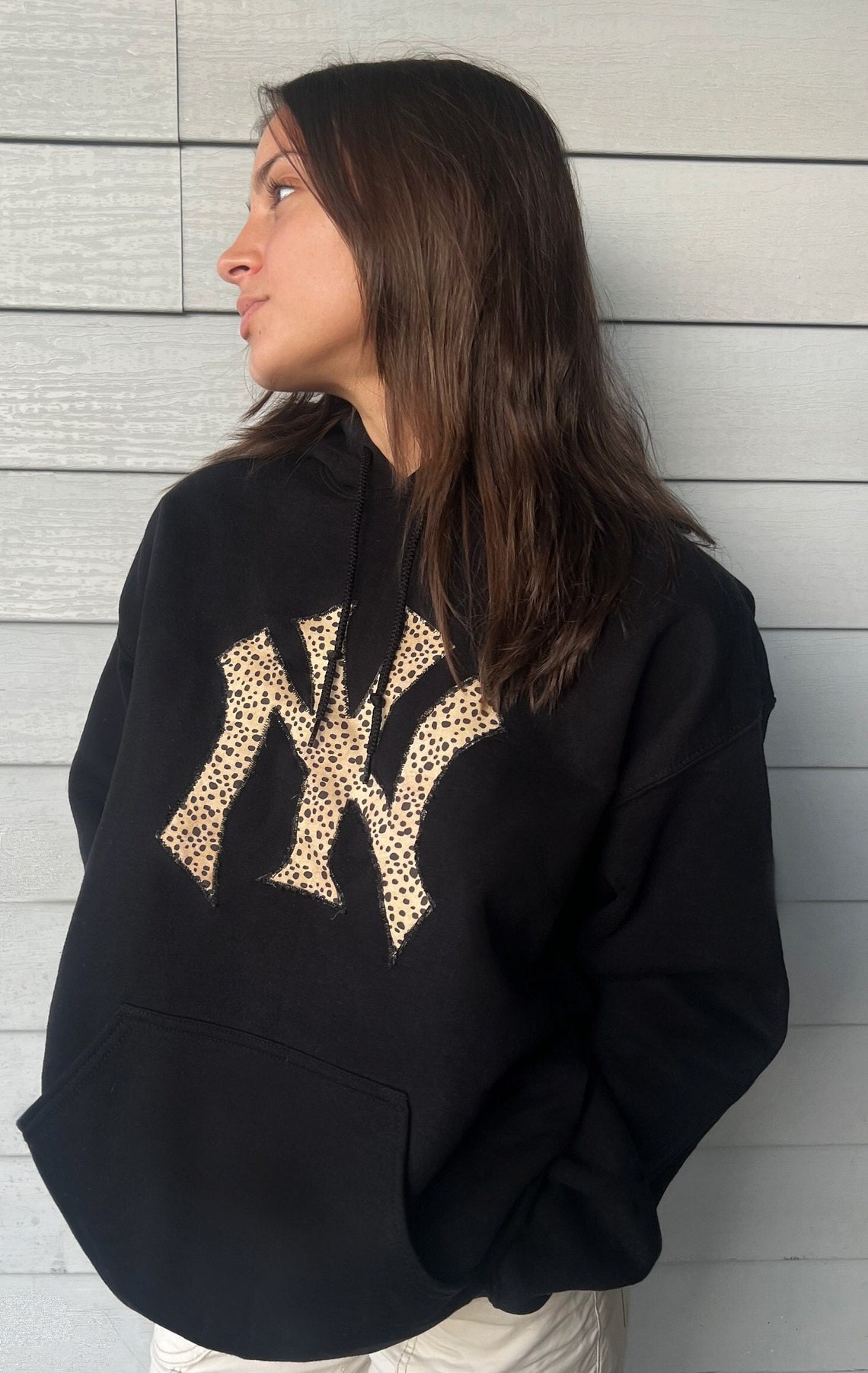 Black Hoodie With Leopard Print NY Yankees Logo - Etsy