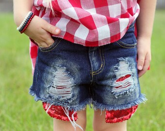 Patriotic Girls Distressed Denim Shorts 4th of July Baby Girl - Etsy