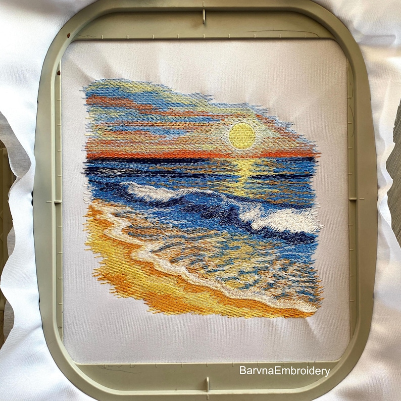 Sunset Landscape Machine Embroidery Design – Ocean Waves, Sand & Sun ...