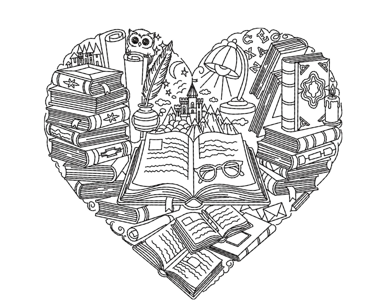 Book Heart Line Art Machine Embroidery Design, Single Color Outline ...