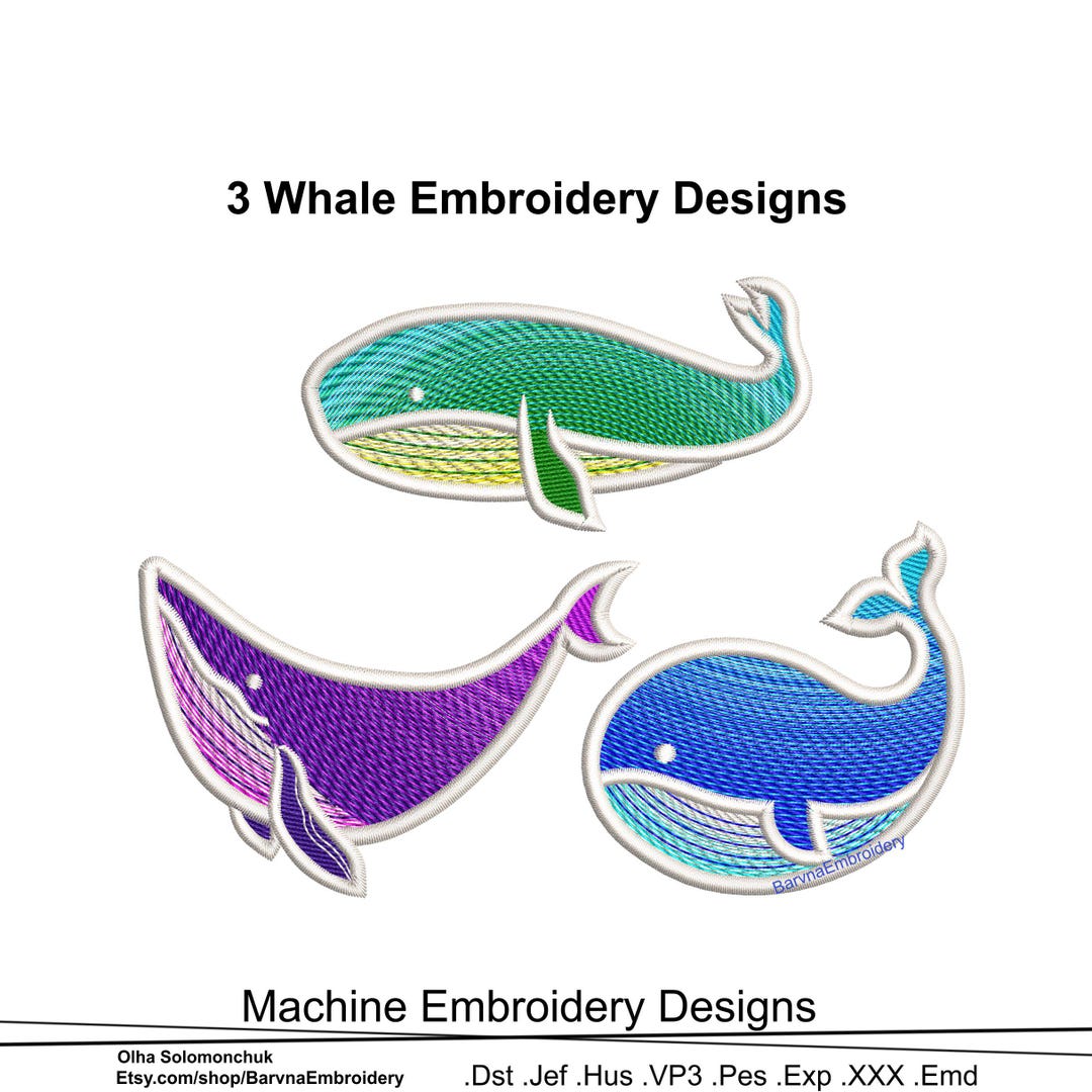 3 Whale Embroidery Designs for Machine, Patch Embroidery Files, Digital ...