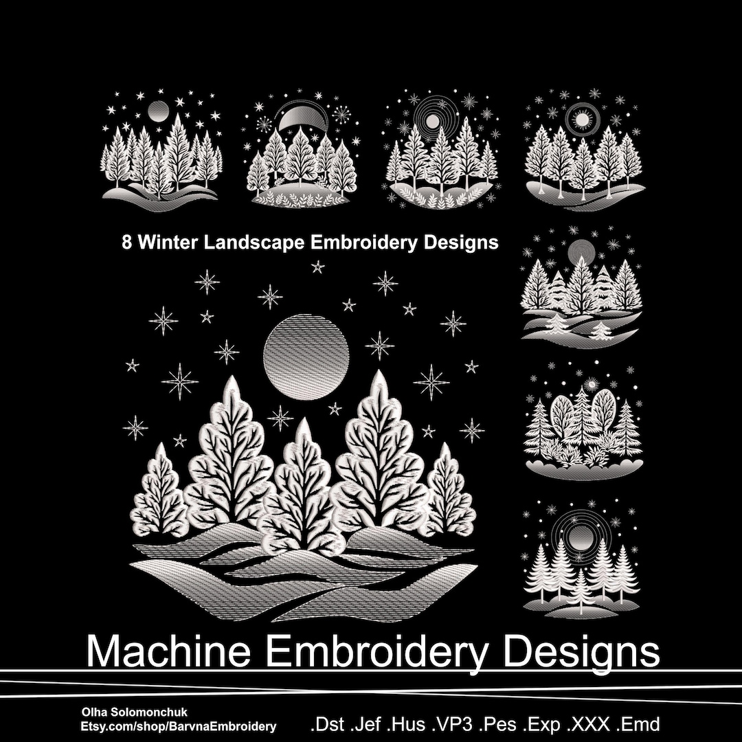 8 Winter Embroidery Designs for Machine, Winter Landscape Embroidery ...