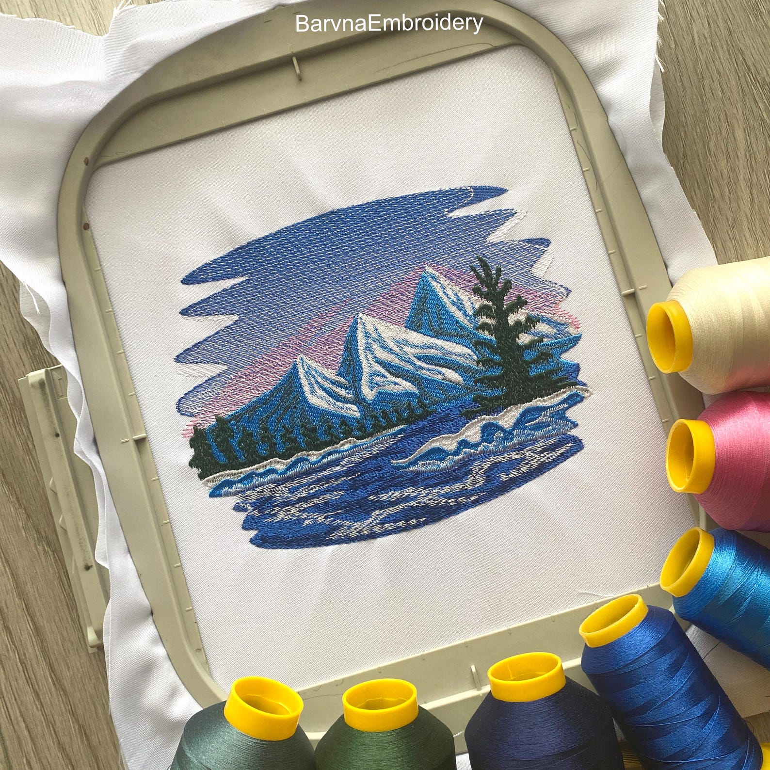 Scenic Mountain and River Landscape - Digital Machine Embroidery Design ...
