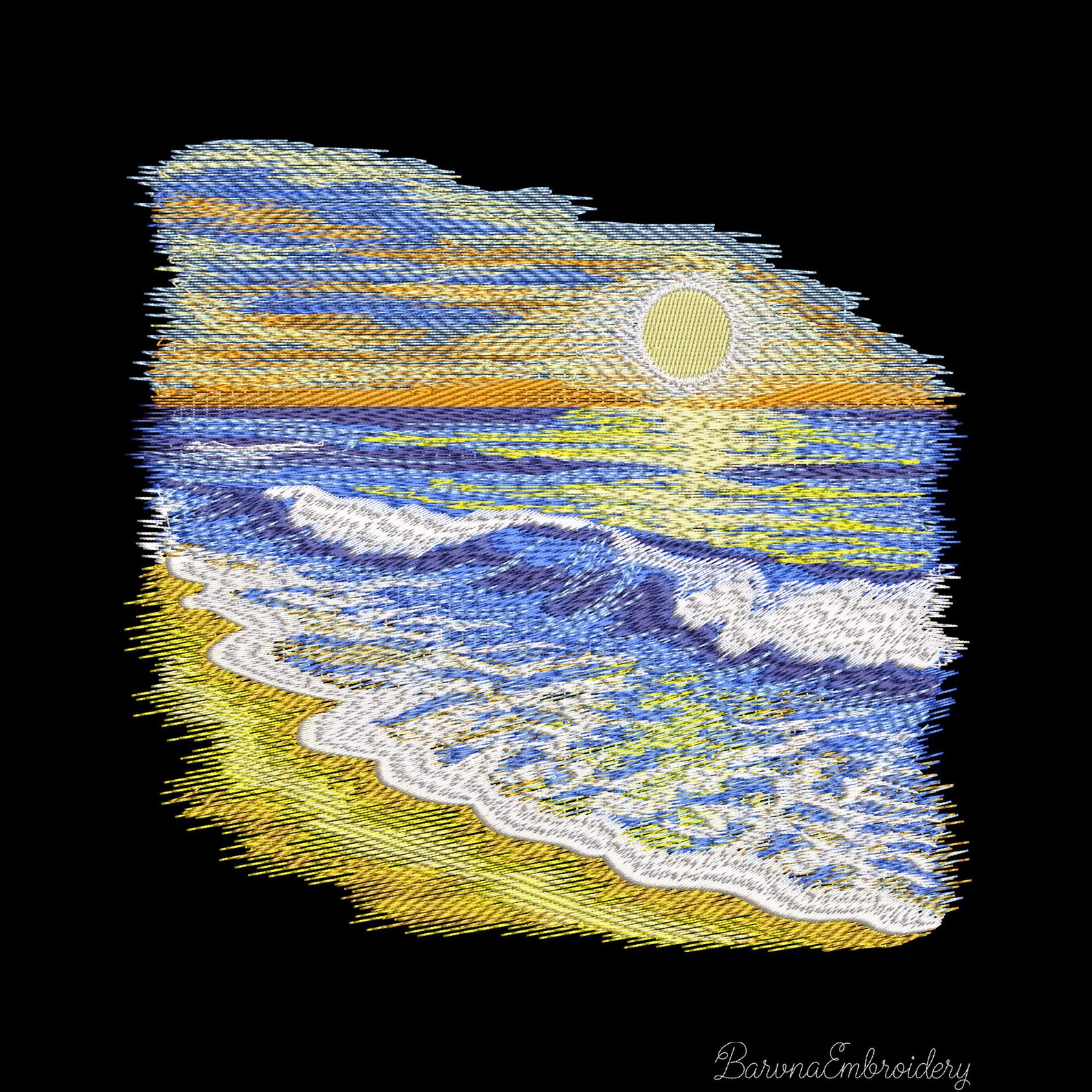 Sunset Landscape Machine Embroidery Design – Ocean Waves, Sand & Sun ...
