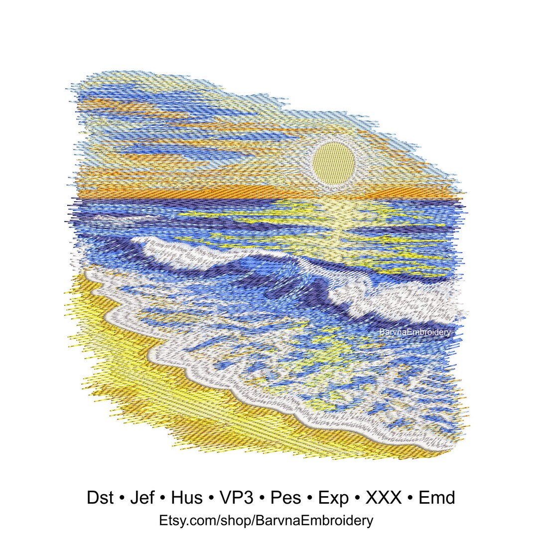 Sunset Landscape Machine Embroidery Design – Ocean Waves, Sand & Sun ...
