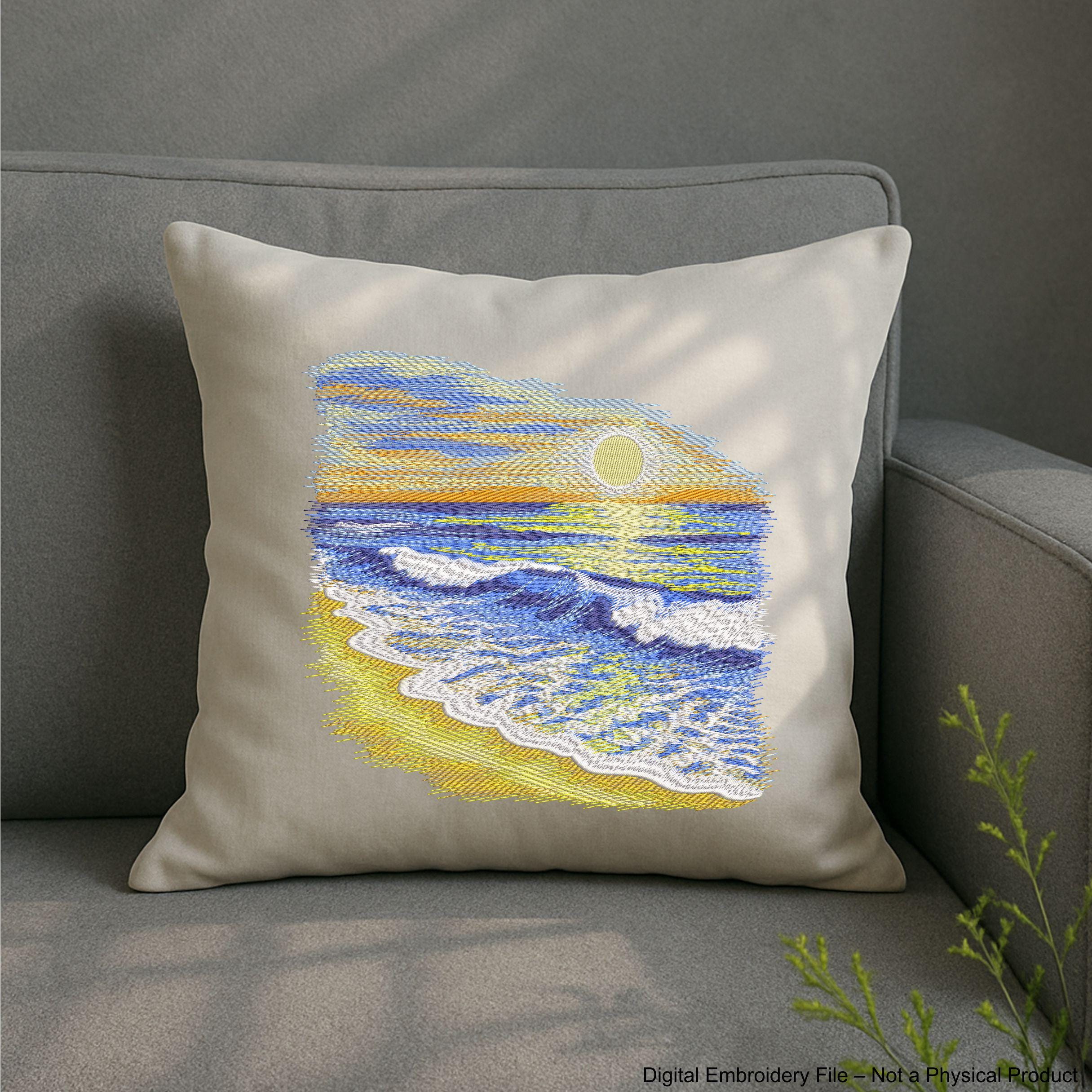 Sunset Landscape Machine Embroidery Design – Ocean Waves, Sand & Sun ...