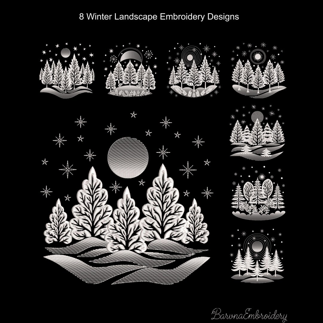 Winter Landscape Machine Embroidery Designs, Fir Trees, Stars (digital ...