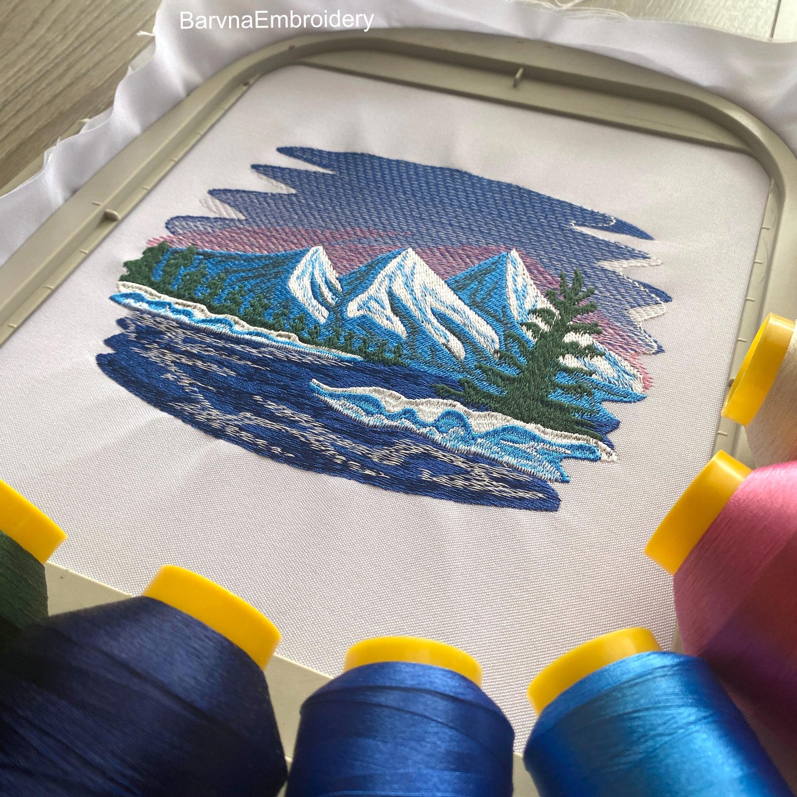 Scenic Mountain and River Landscape - Digital Machine Embroidery Design ...